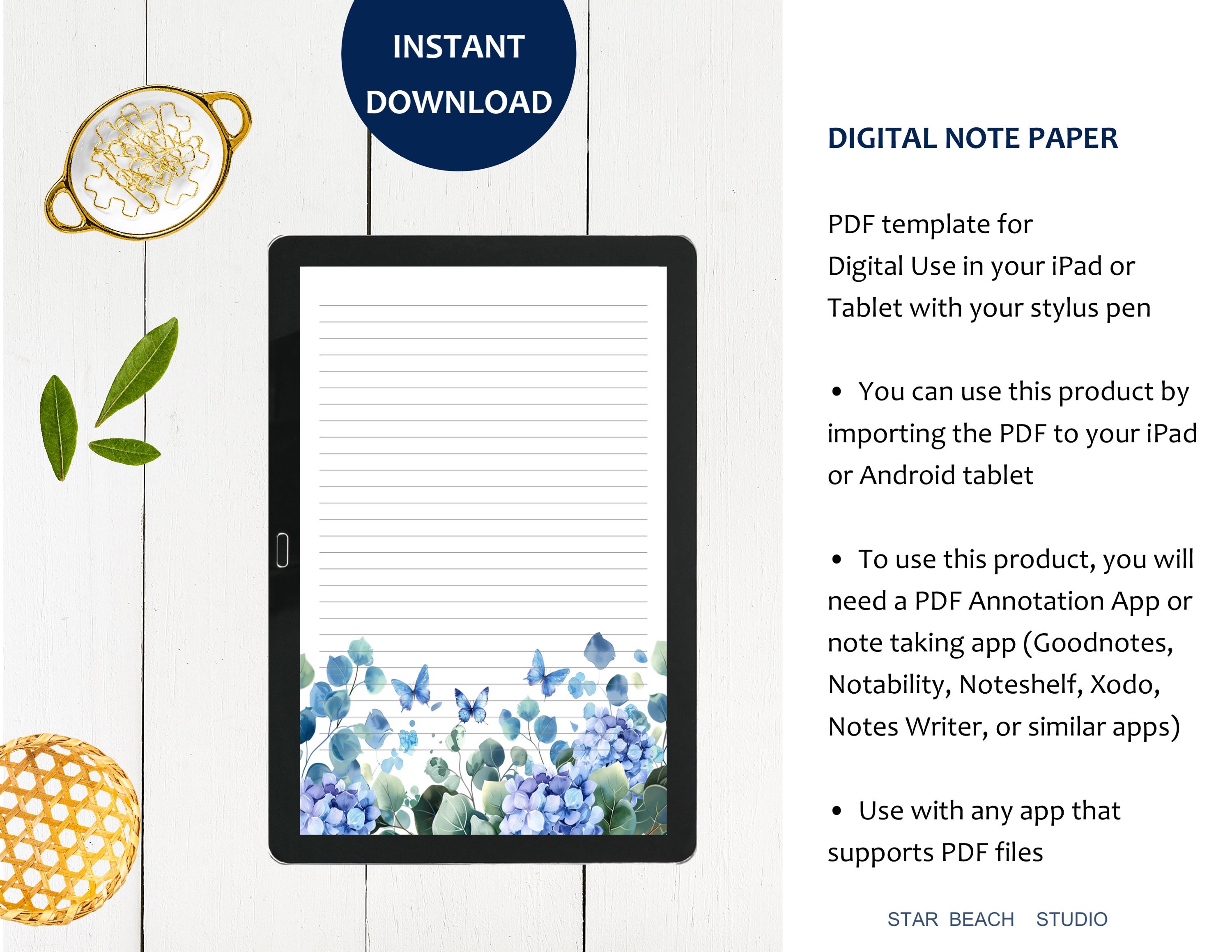 Blue Hydrangeas With Blue Butterflies Stationery Printable Paper, Lined ...