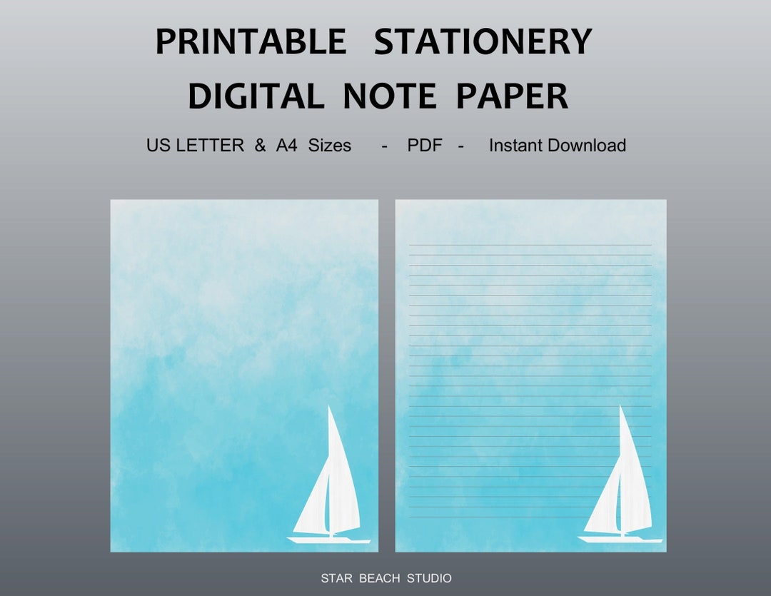 White Sailboat Blue Watercolor Printable Stationery Paper, Lined ...