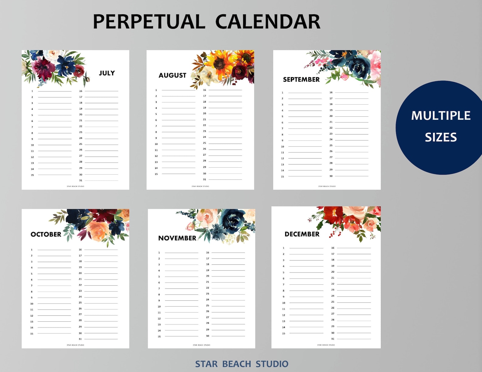 Perpetual Calendar Printable, Floral Calendar for Birthday ...