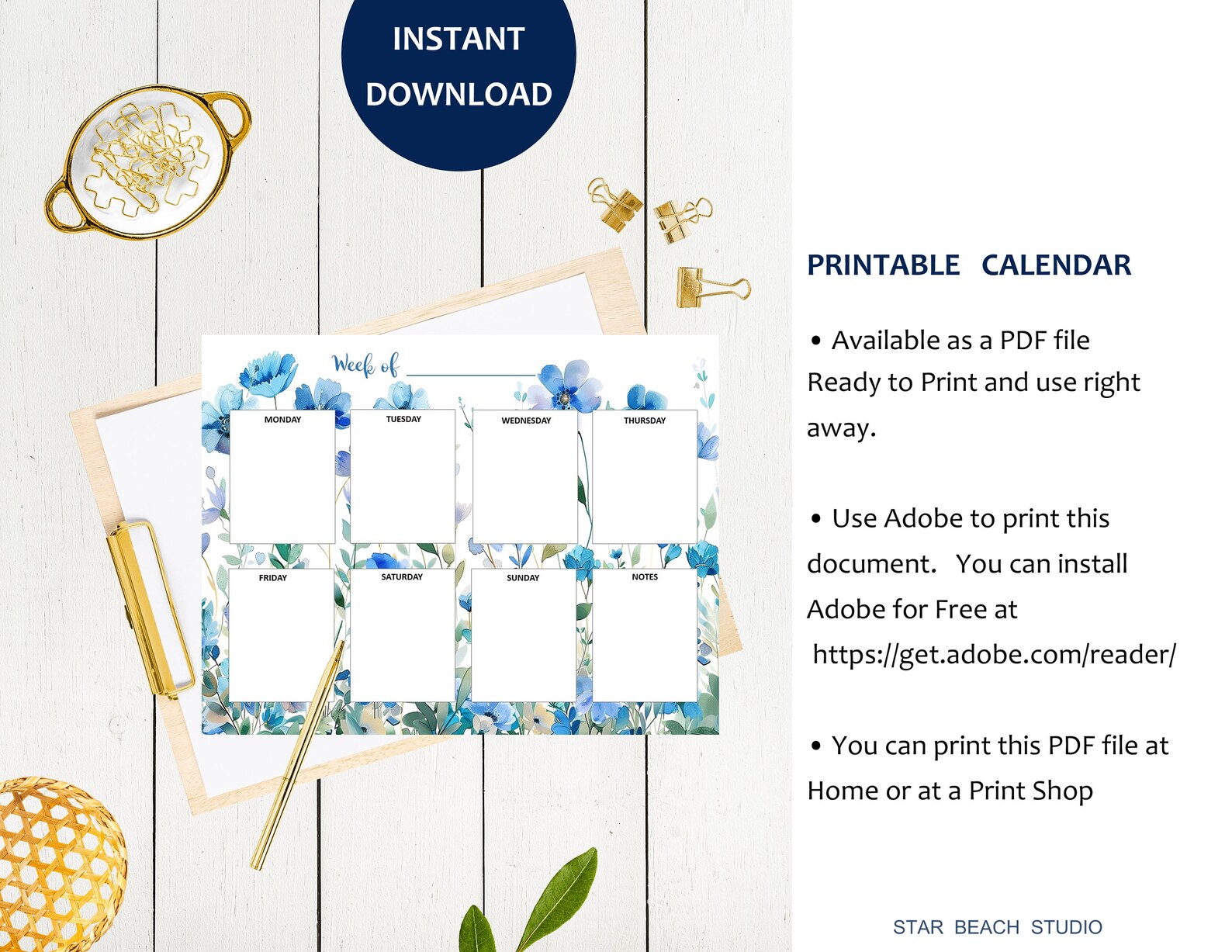 Weekly Planner Printable, Floral Undated Week at a Glance Planner ...