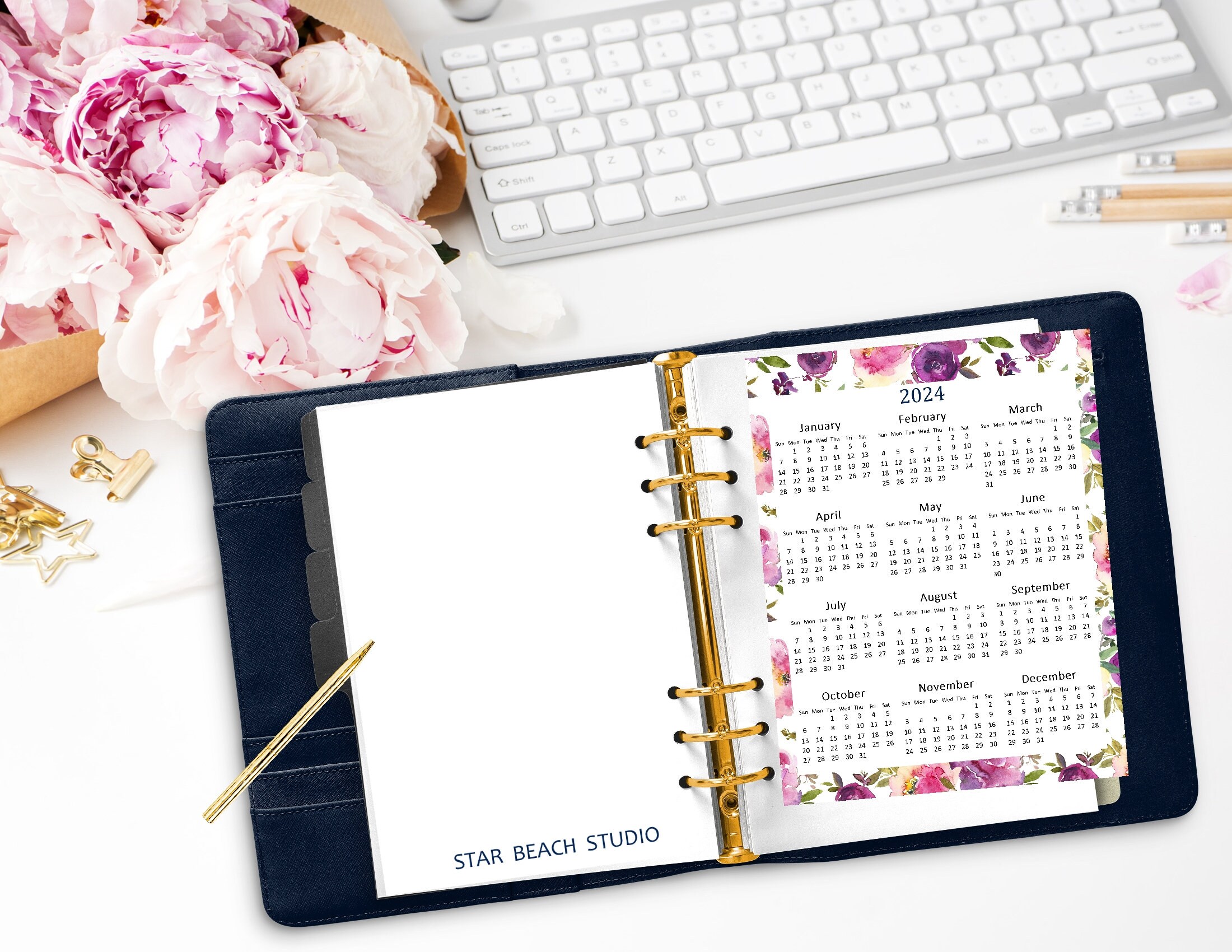 2024 Year Calendar Printable, Year at a Glance, 2024 Floral Wall ...