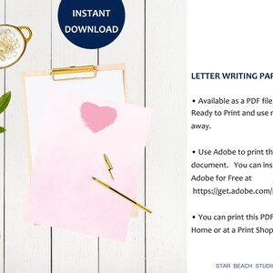 Pink Heart Love Stationery Printable Paper, Valentines Lined & Unlined ...