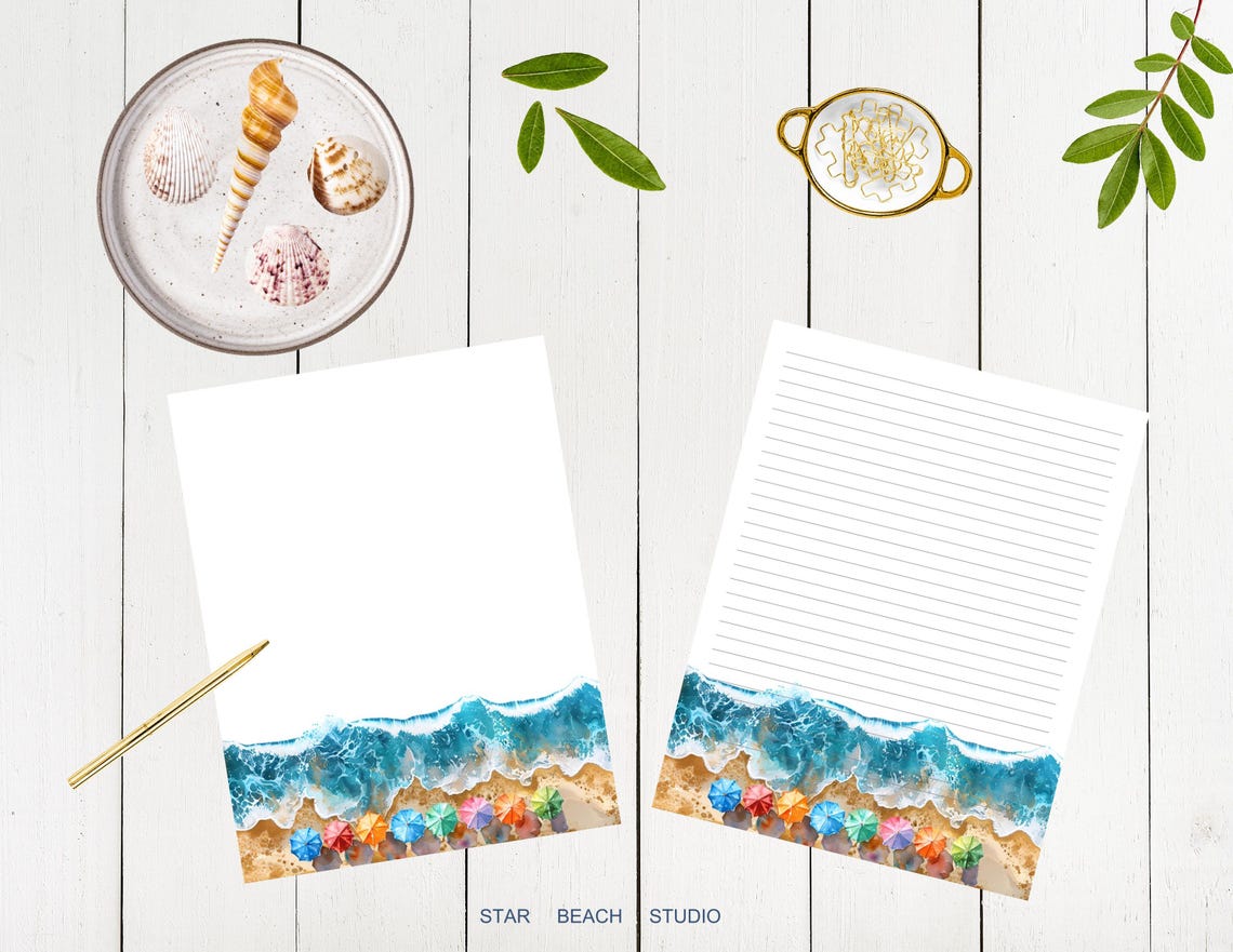 Ocean Beach View Printable Paper, Umbrellas Watercolor Stationery, A4 ...
