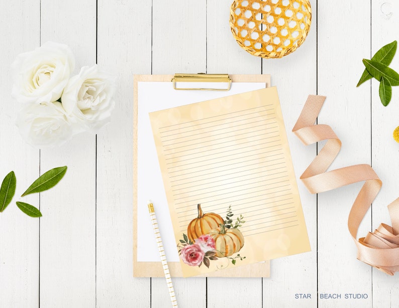 Pumpkins Printable Stationery Paper, Autumn Harvest Watercolor Lined ...