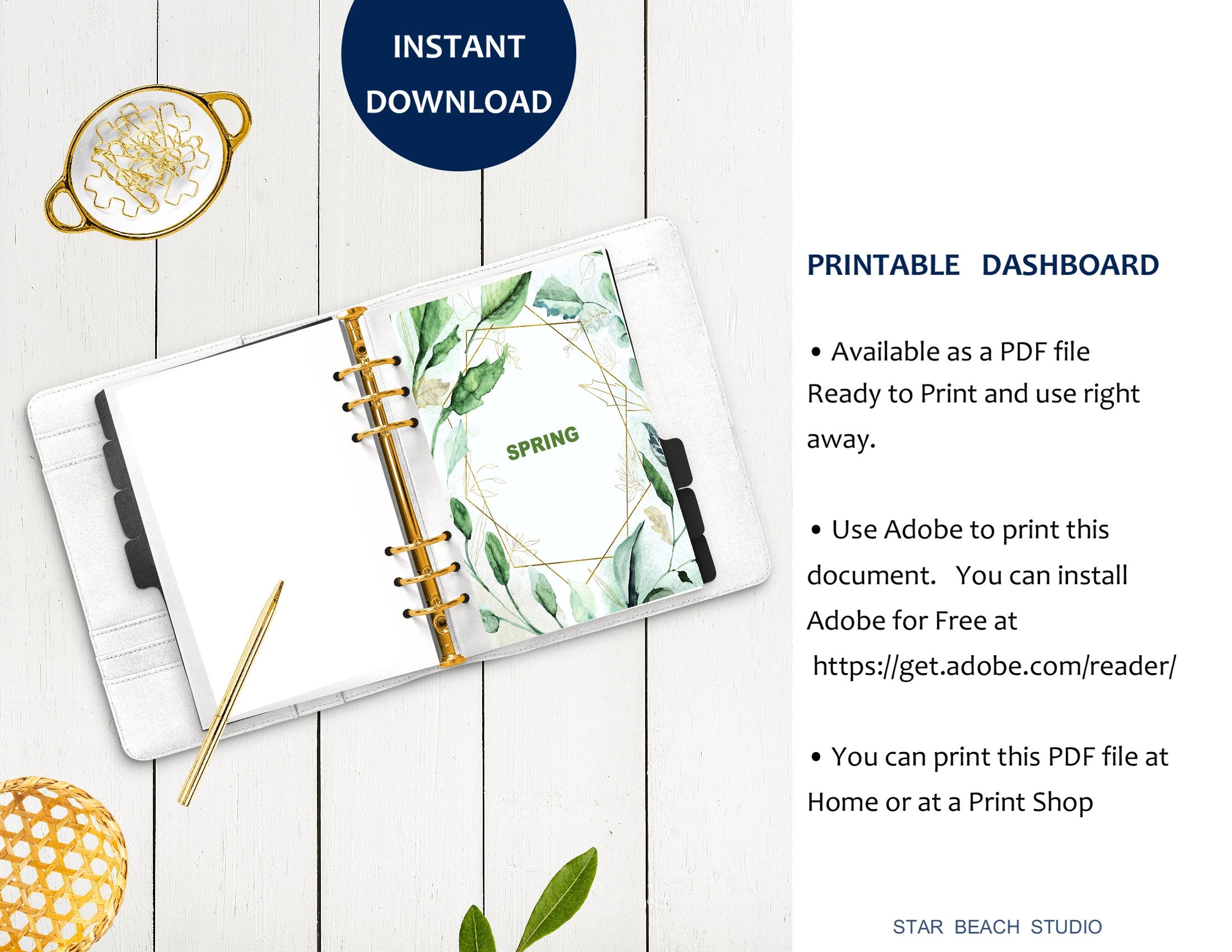 Botanical Printable Dashboard, Green Leaves Spring Planner Printables ...