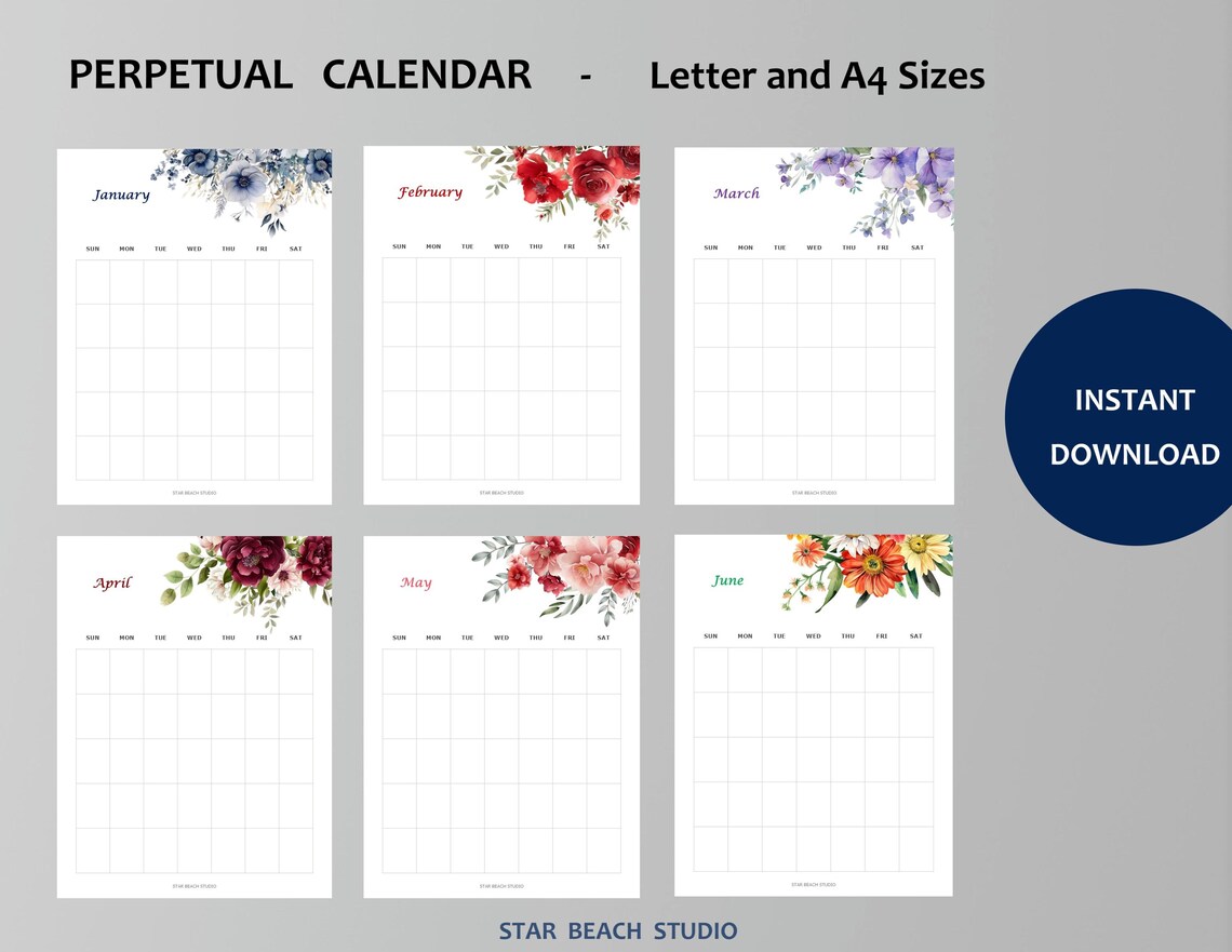 Floral Watercolor Undated Monthly Planner, 12 Month Printable Calendar ...