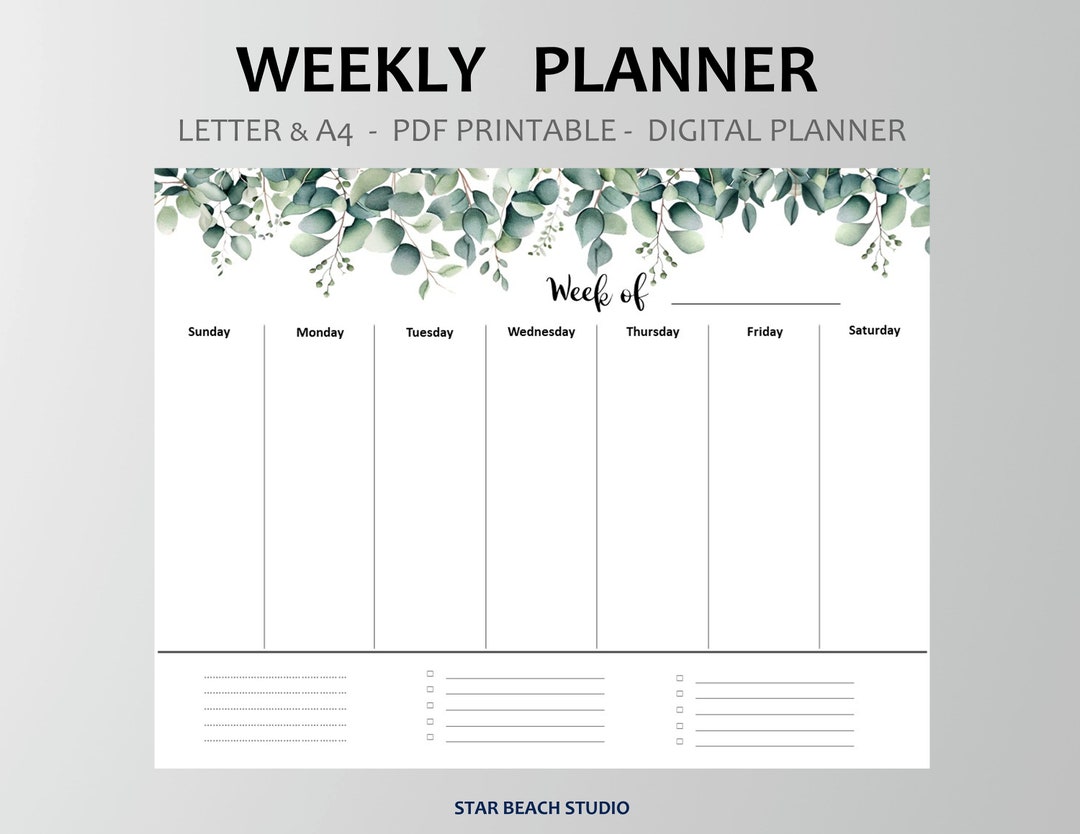 Botanical Weekly Planner Printable, Eucalyptus Leaves Undated Week at a ...