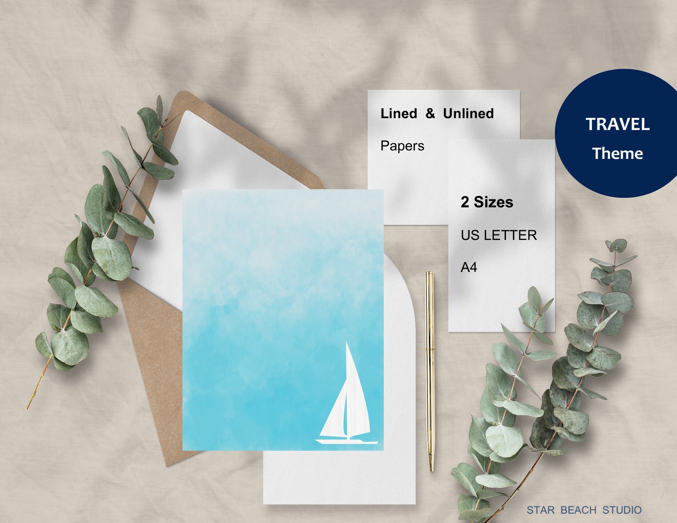 White Sailboat Blue Watercolor Printable Stationery Paper, Lined ...