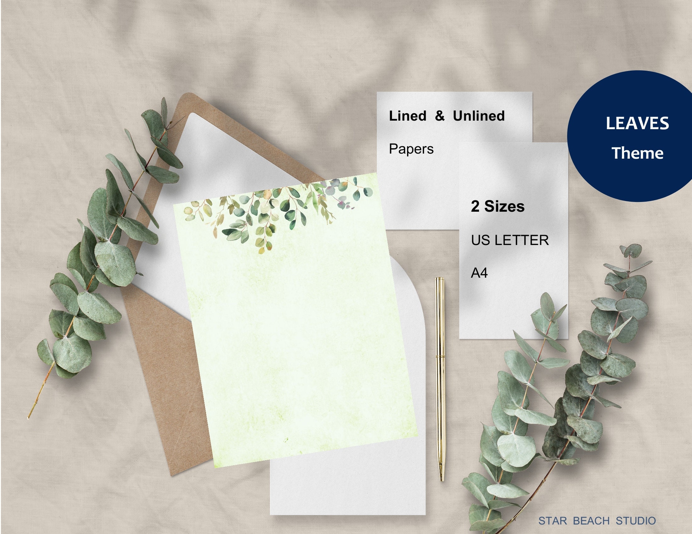 Eucalyptus Leaves Printable Paper Stationery, Green Digital Note Paper ...