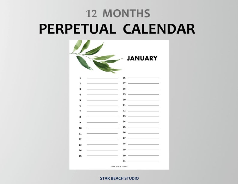 Perpetual Calendar Printable, Birthday - Anniversary - Annual Botanical ...