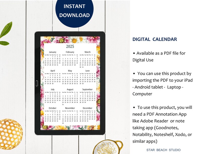 2025 Year Calendar Printable, Year at a Glance, 2025 Floral Wall Calendar, Office Wall Desk ...