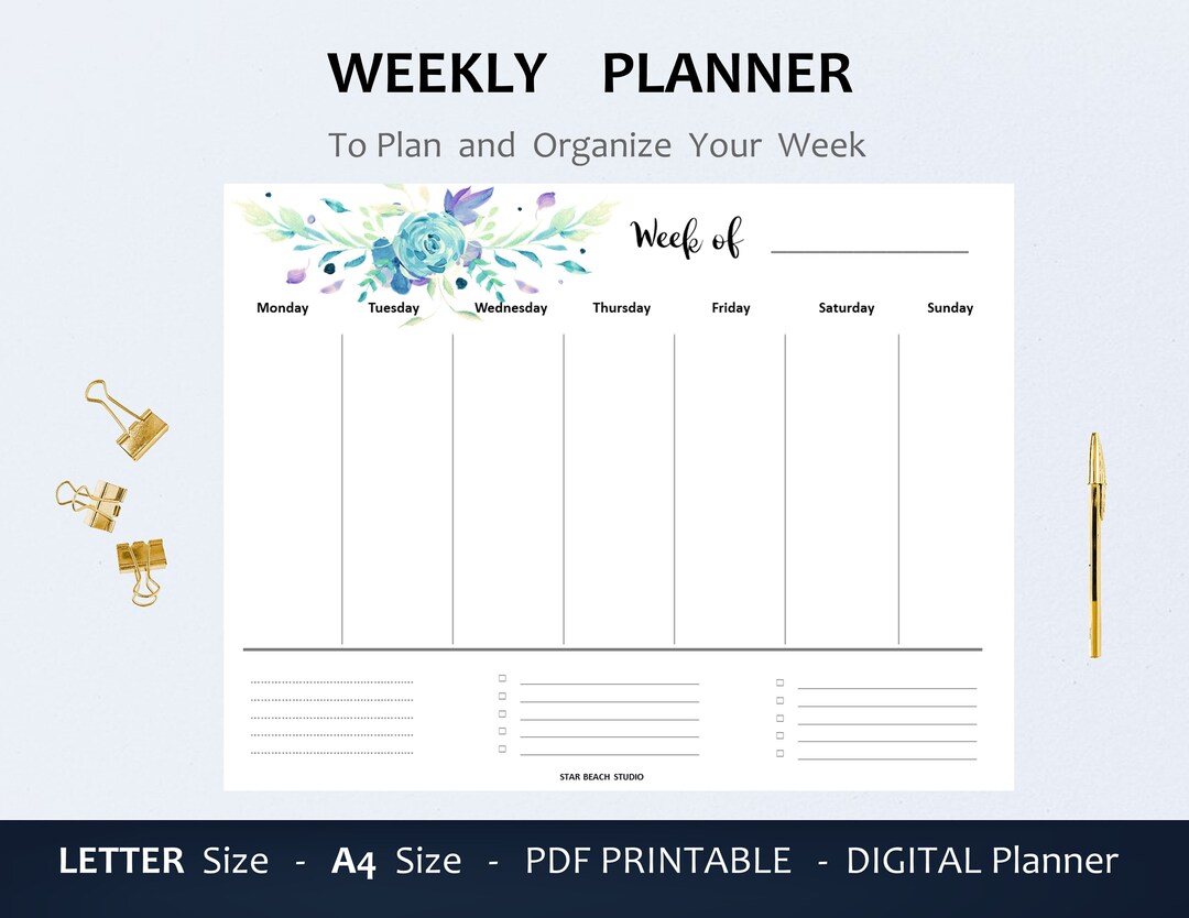 Weekly Planner Printable Blue Floral Undated Weekly Planner - Etsy