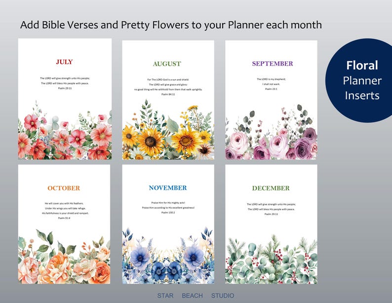 Monthly Psalms Bible Verses Foral Planner Dashboards Printable, US ...