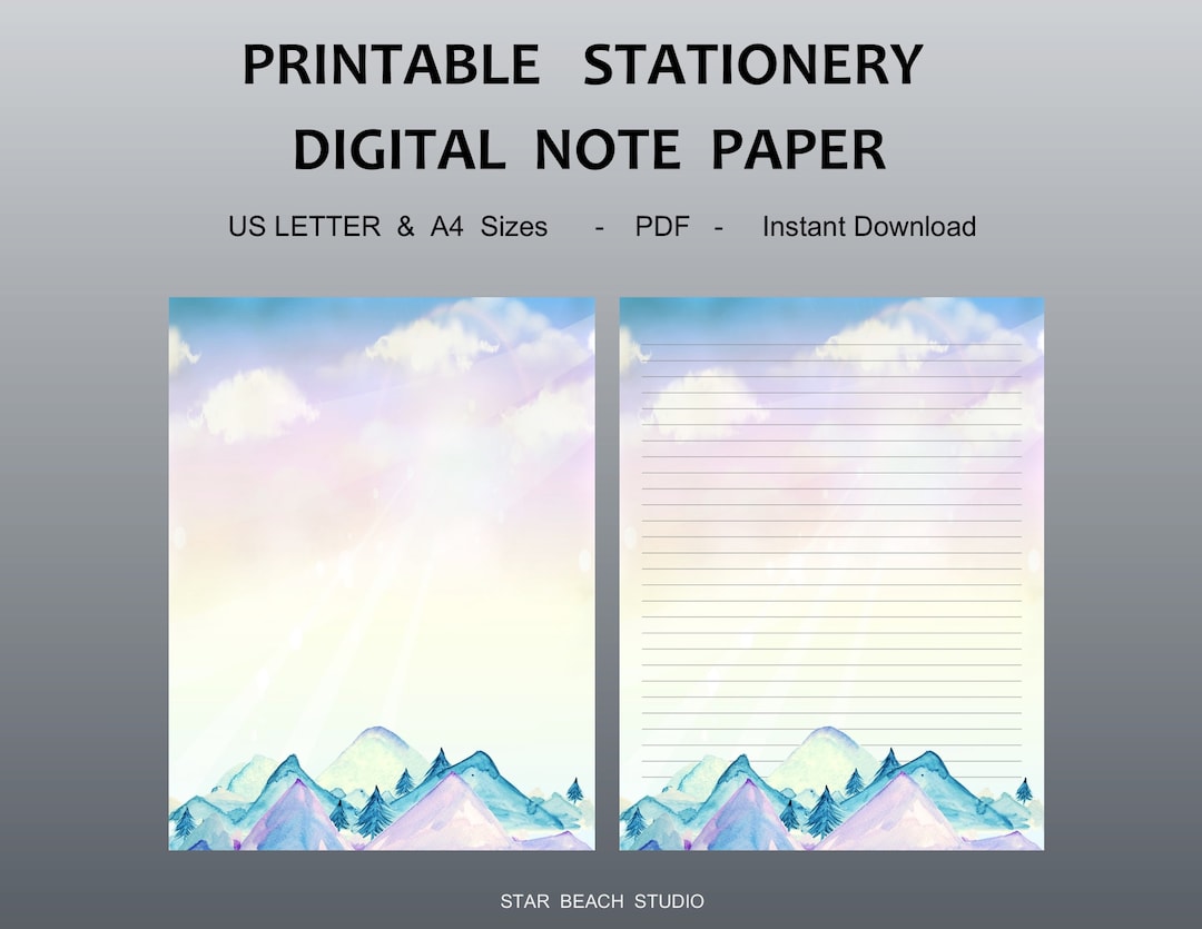 Mountain Landscape Printable Stationery Paper, Nature Theme Lined ...