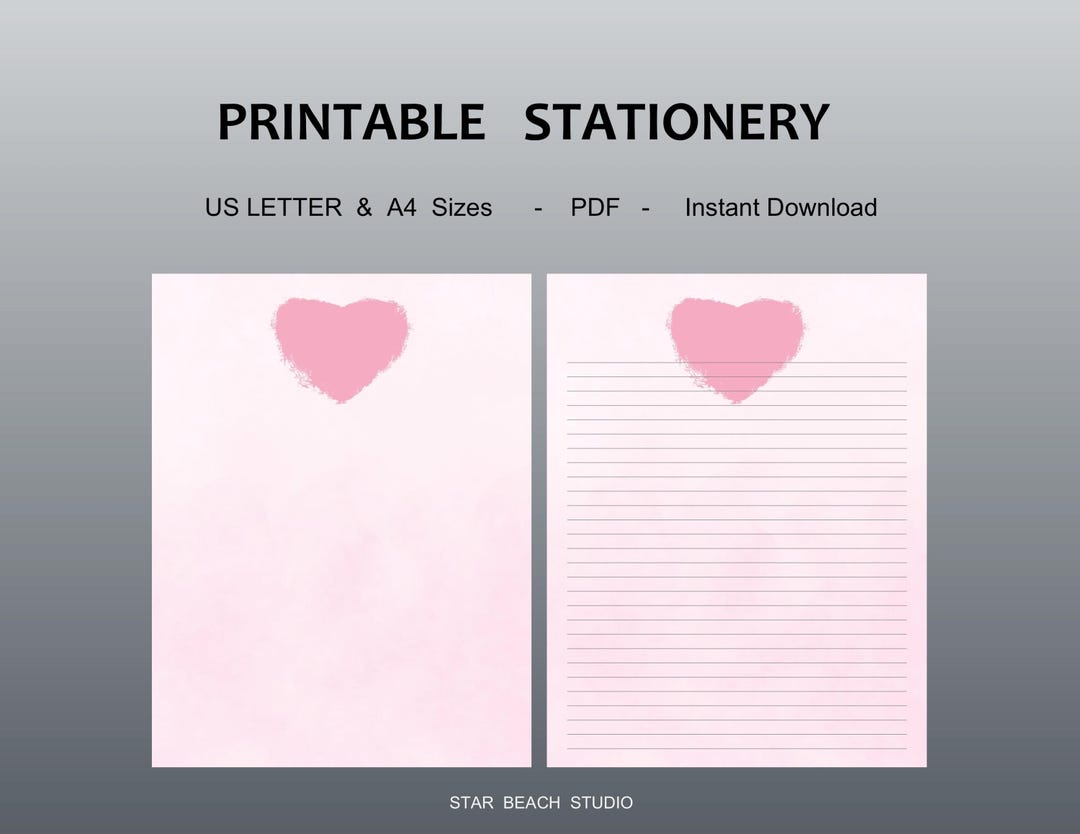 Pink Heart Love Stationery Printable Paper, Valentines Lined & Unlined ...