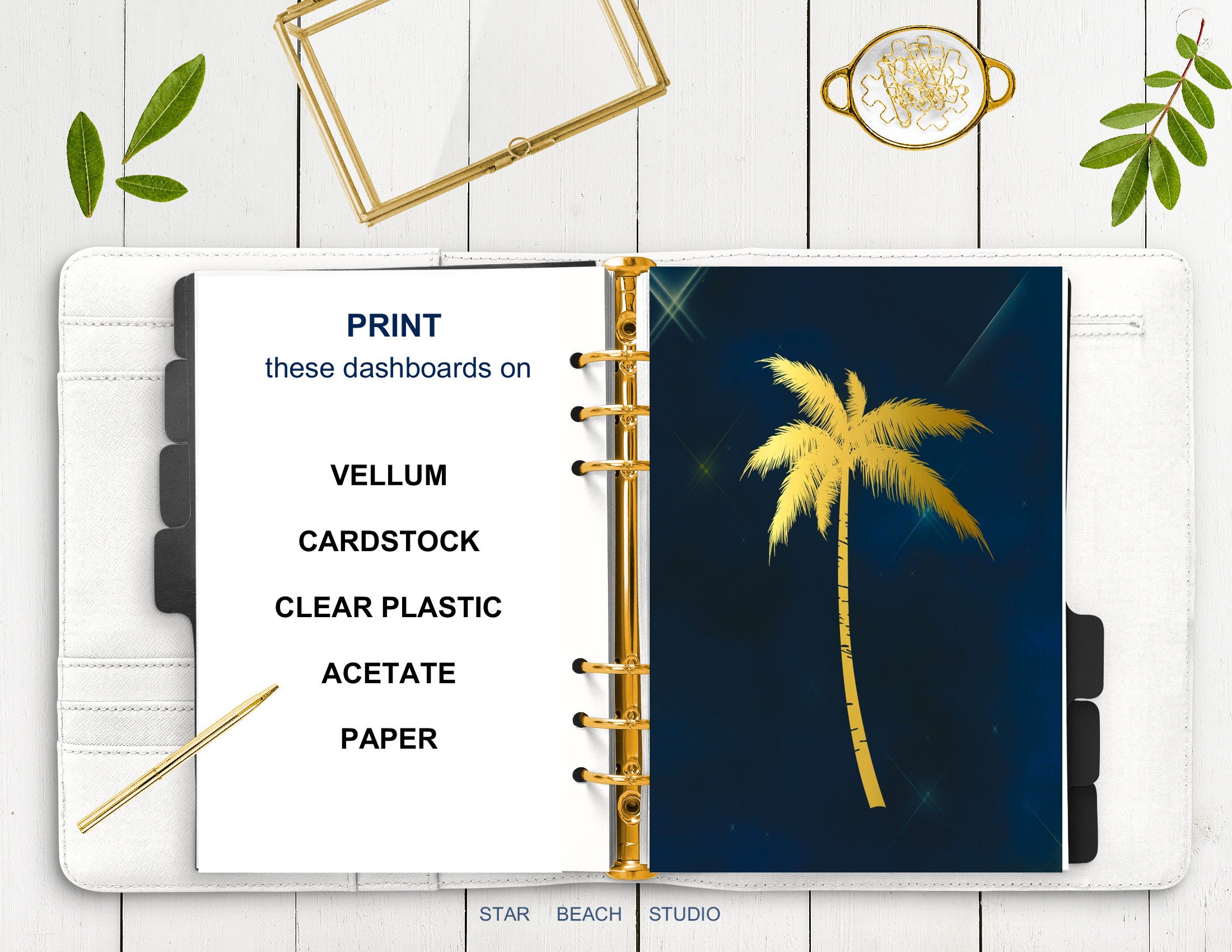 Palm Tree Planner Dashboard Printable, Gold Starlight Planner Insert ...
