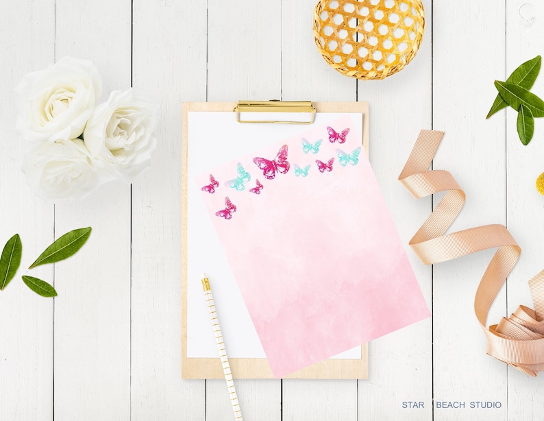 Butterfly Stationery Paper Printable, Pink Green Butterflies Lined ...