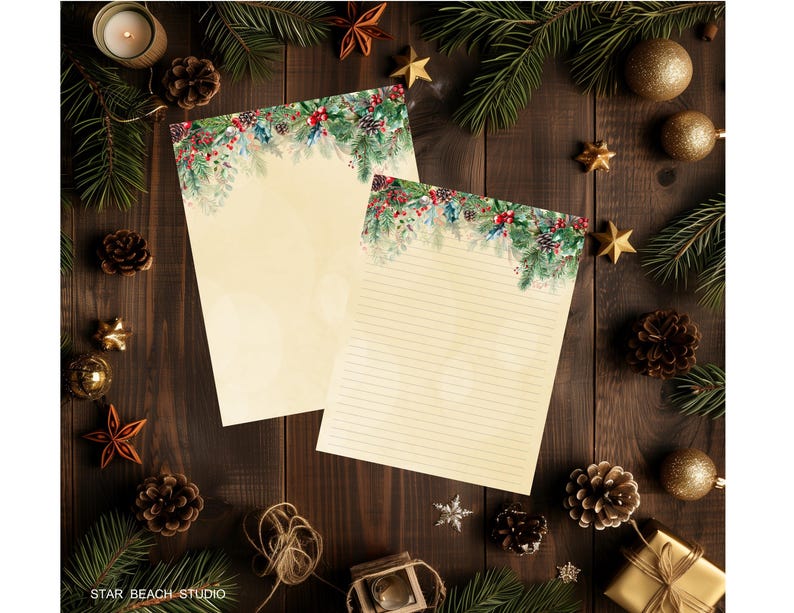 Christmas Holly Stationery Printable Paper, Festive Winter Holiday ...