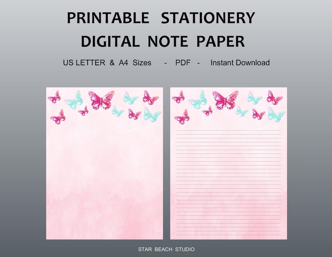 Butterfly Stationery Paper Printable, Pink Green Butterflies Lined ...