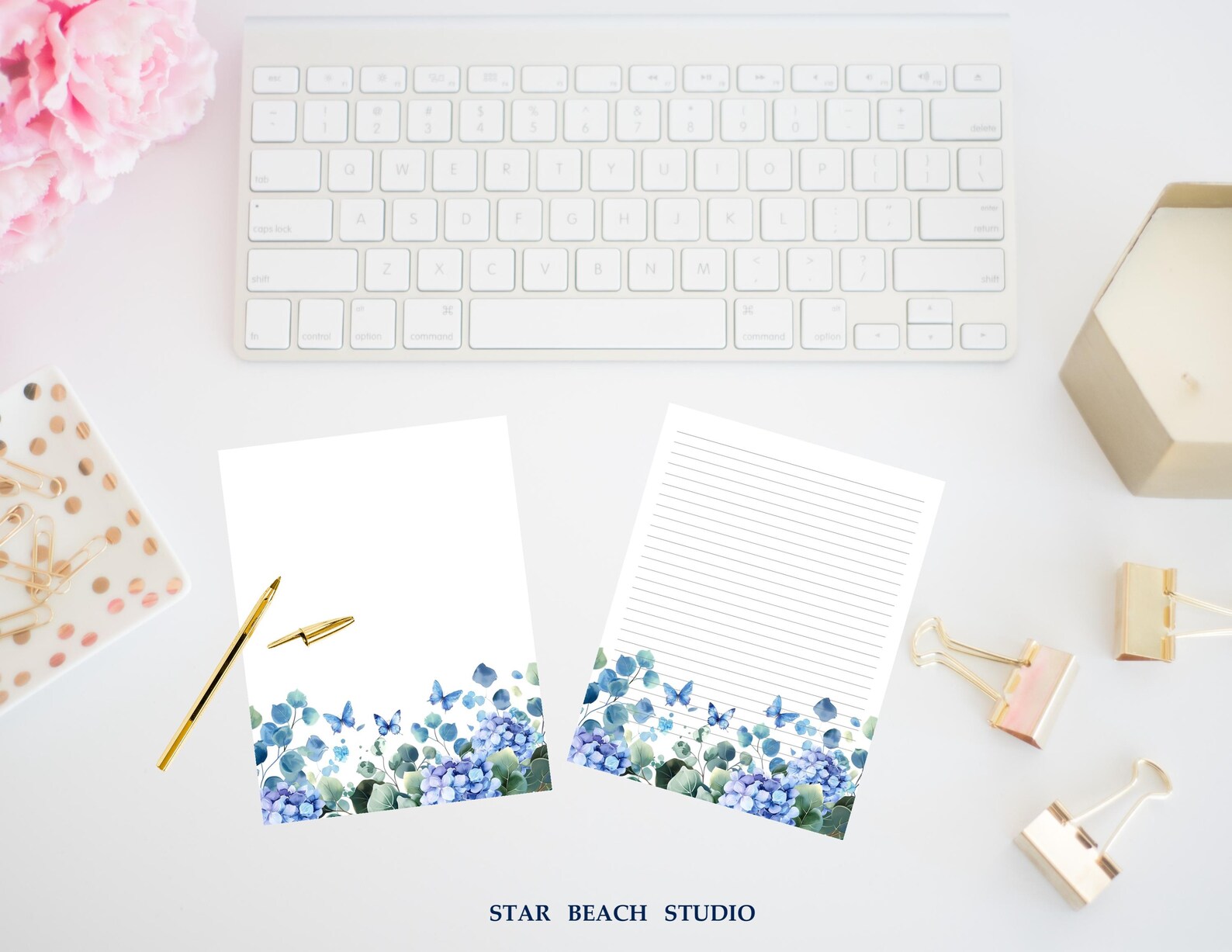 Blue Hydrangeas With Blue Butterflies Stationery Printable Paper, Lined ...