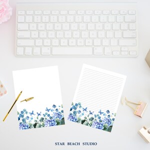 Blue Hydrangeas With Blue Butterflies Stationery Printable Paper, Lined ...
