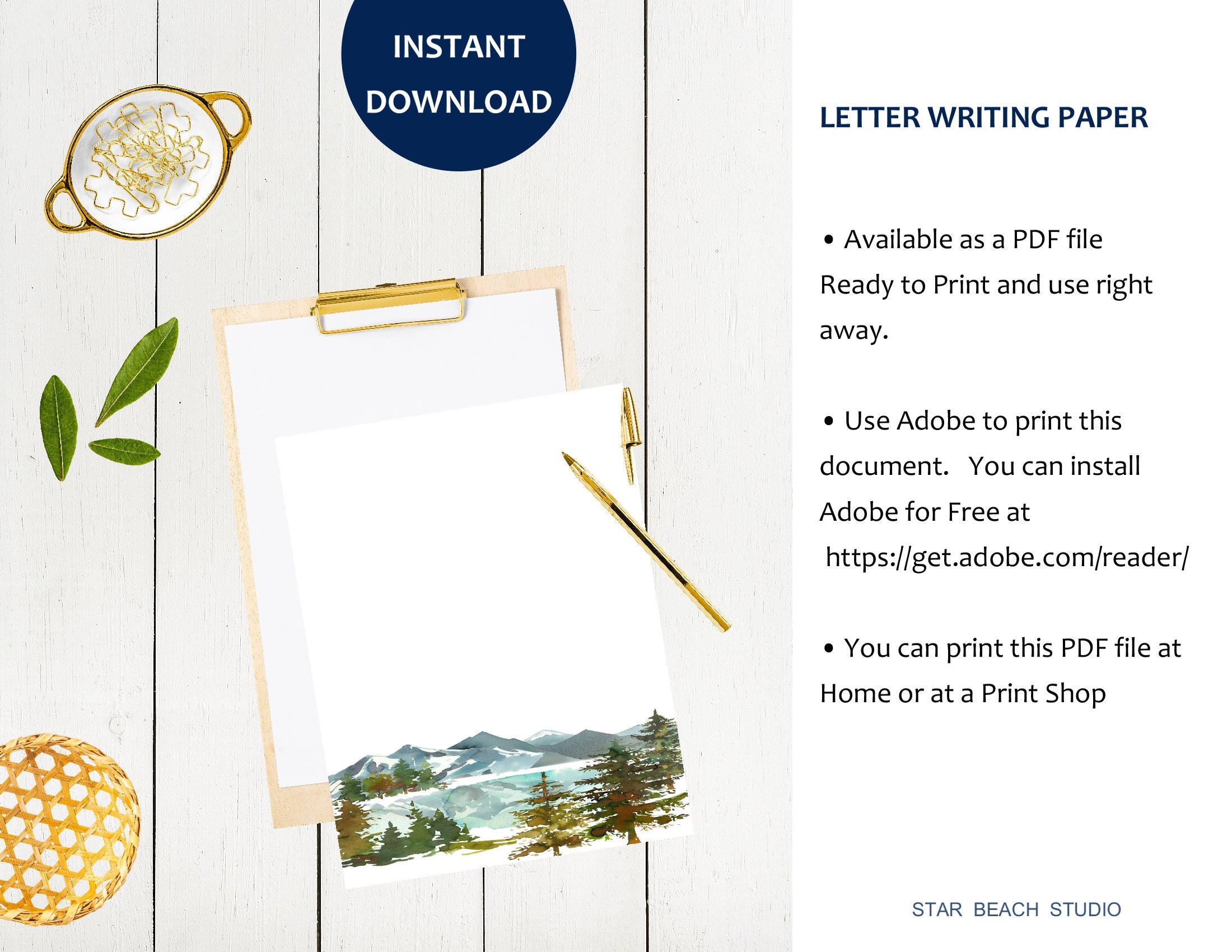 Mountain Landscape Printable Stationery, Forest Trees Nature Watercolor ...