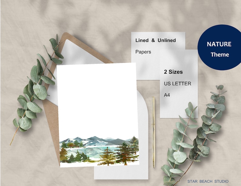 Mountain Landscape Printable Stationery, Forest Trees Nature Watercolor ...