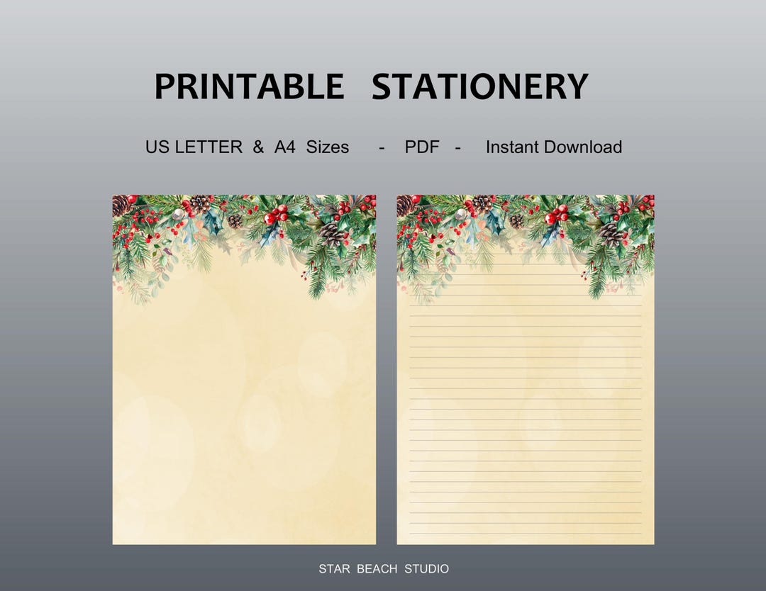 Christmas Holly Stationery Printable Paper, Festive Winter Holiday ...