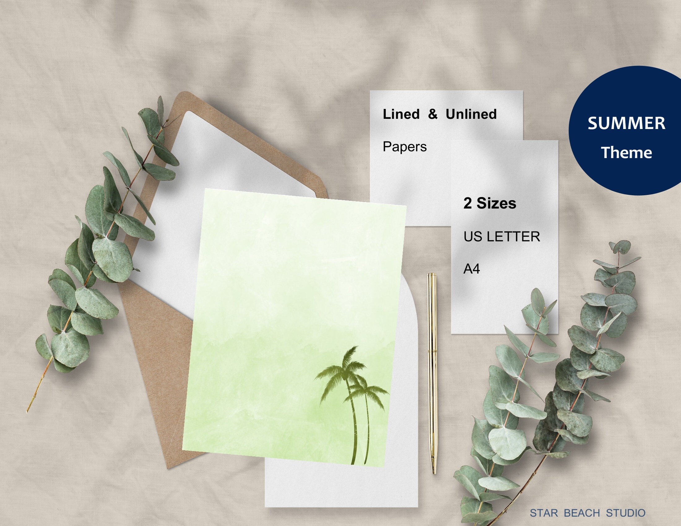 Palm Trees Printable Stationery, Summer Beach Theme Lined & Unlined ...