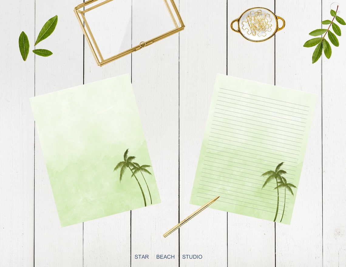 Palm Trees Printable Stationery, Summer Beach Theme Lined & Unlined ...