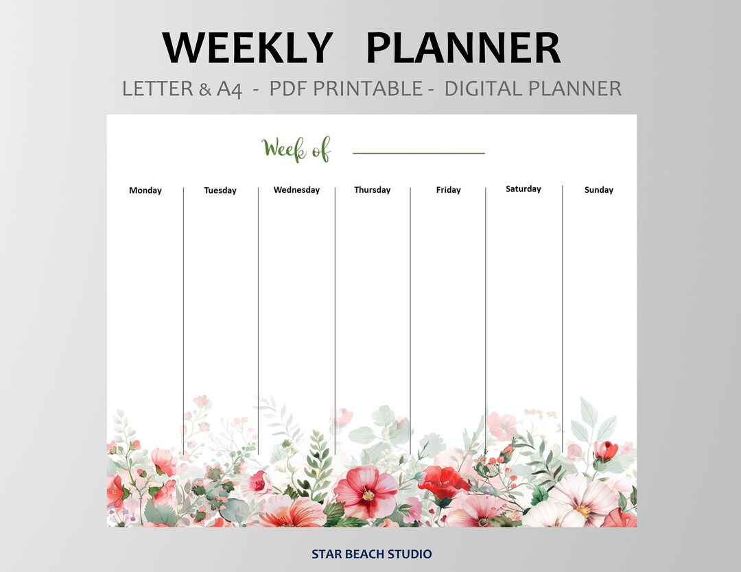 Floral Weekly Planner Printable, Editable PDF, Undated Week at a Glance ...