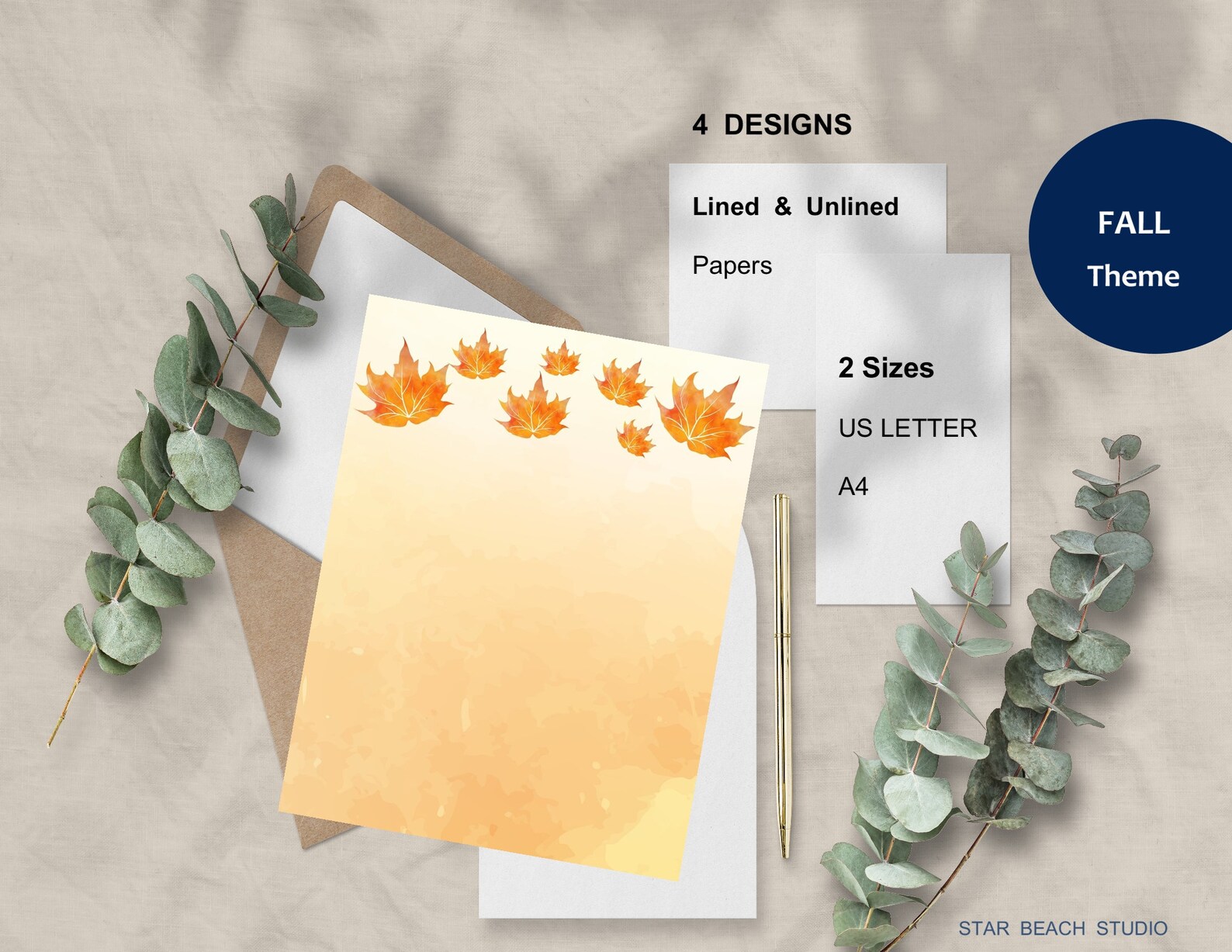 Autumn Leaves Printable Stationery, Fall Leaves Lined & Unlined Letter ...