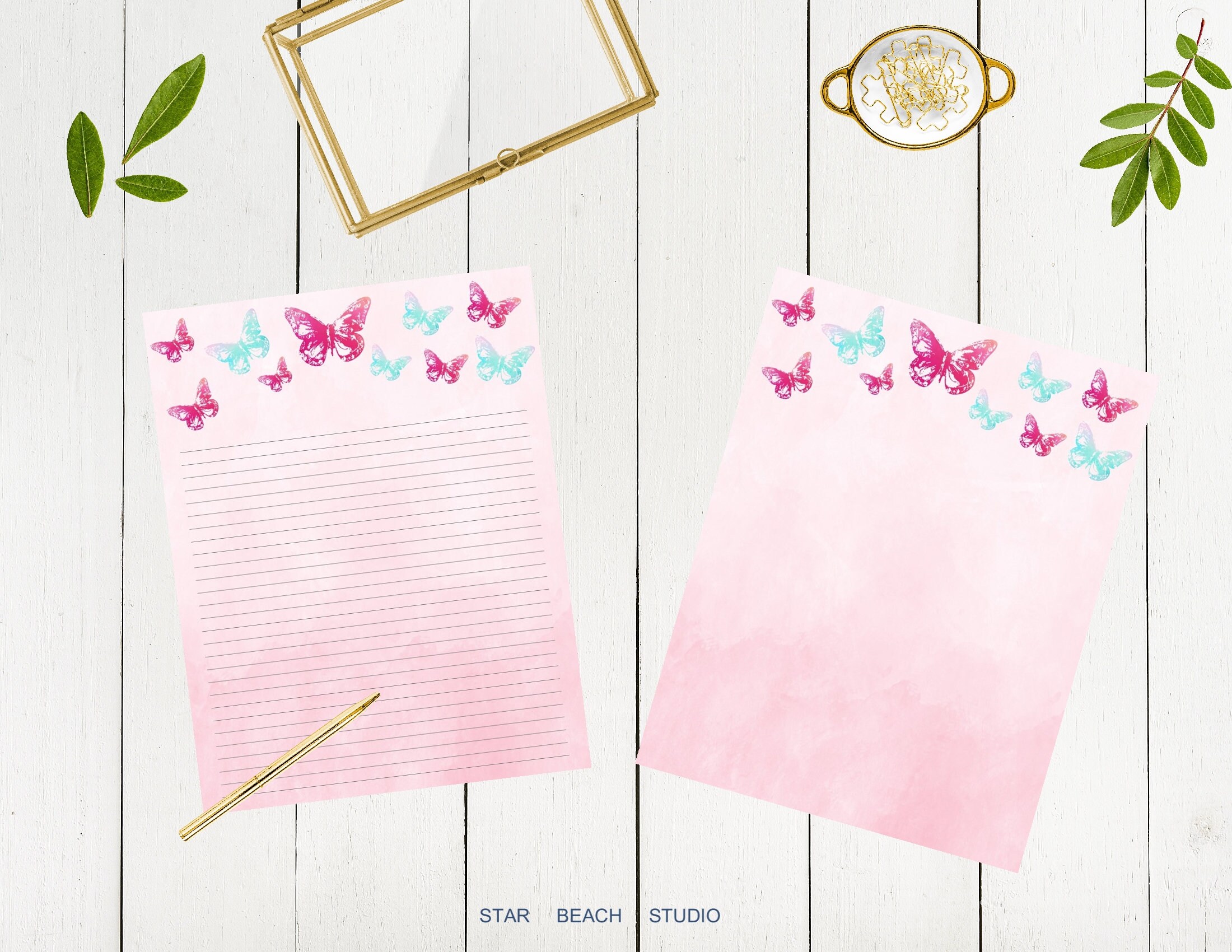 Butterfly Stationery Paper Printable, Pink Green Butterflies Lined ...