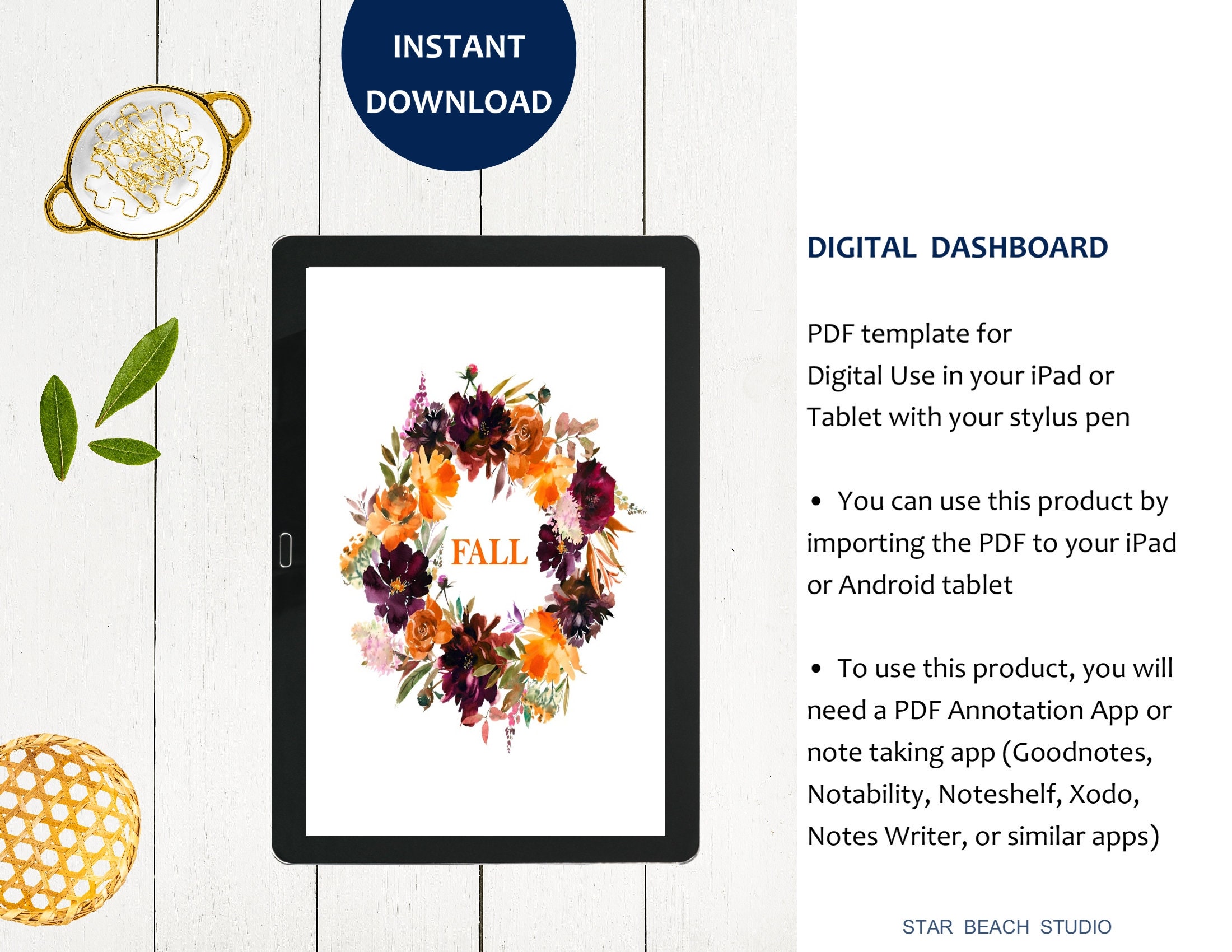 Fall Planner Dashboard Printable, Autumn Floral Watercolor Wreath ...