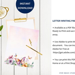 Butterflies & Flowers Border Stationery Printable Paper, Lined -unlined ...