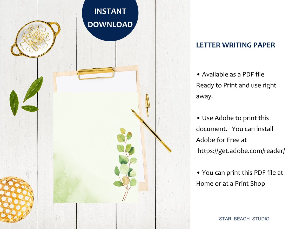 Green Leaves Printable Stationery, Eucalyptus Lined & Unlined Letter ...