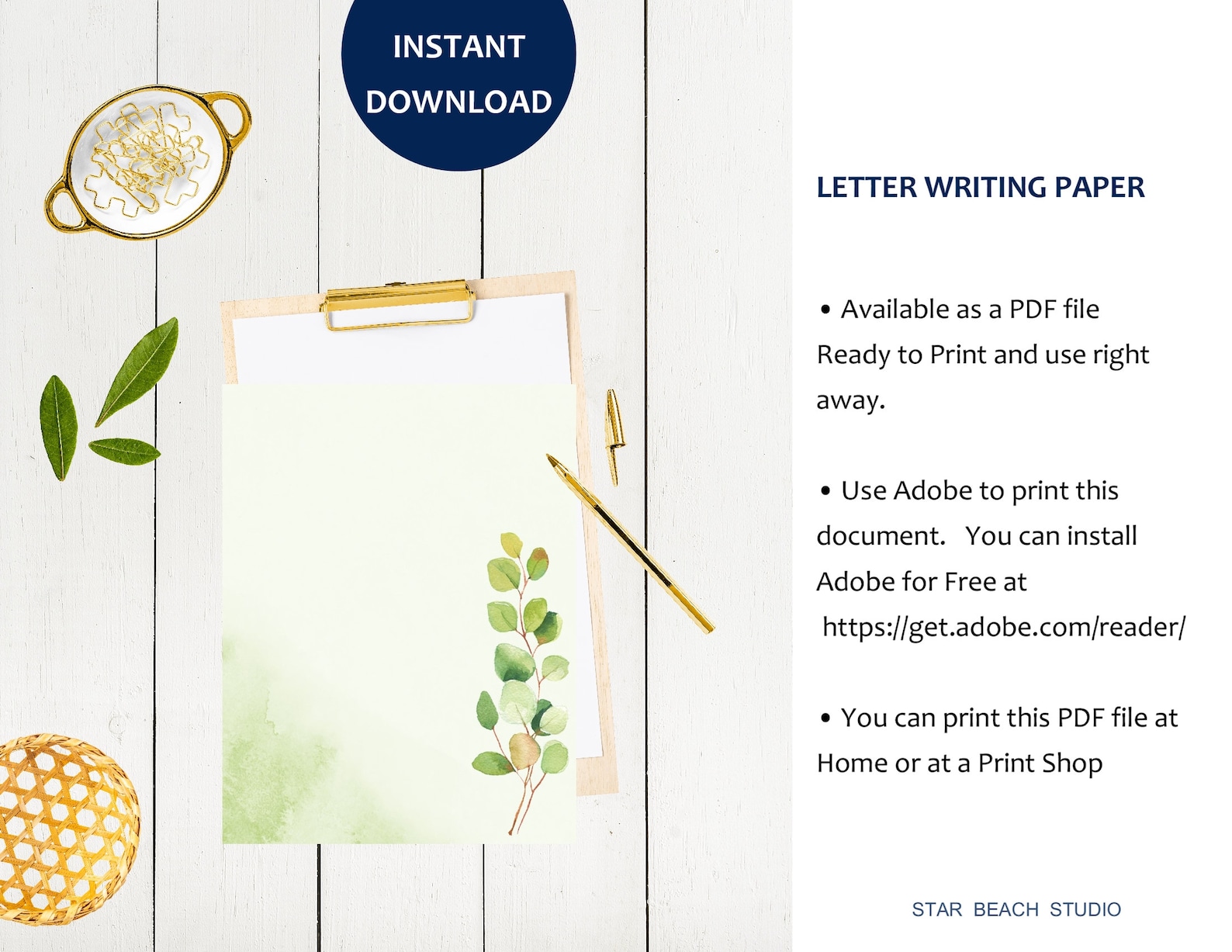 Green Leaves Printable Stationery, Eucalyptus Lined & Unlined Letter ...