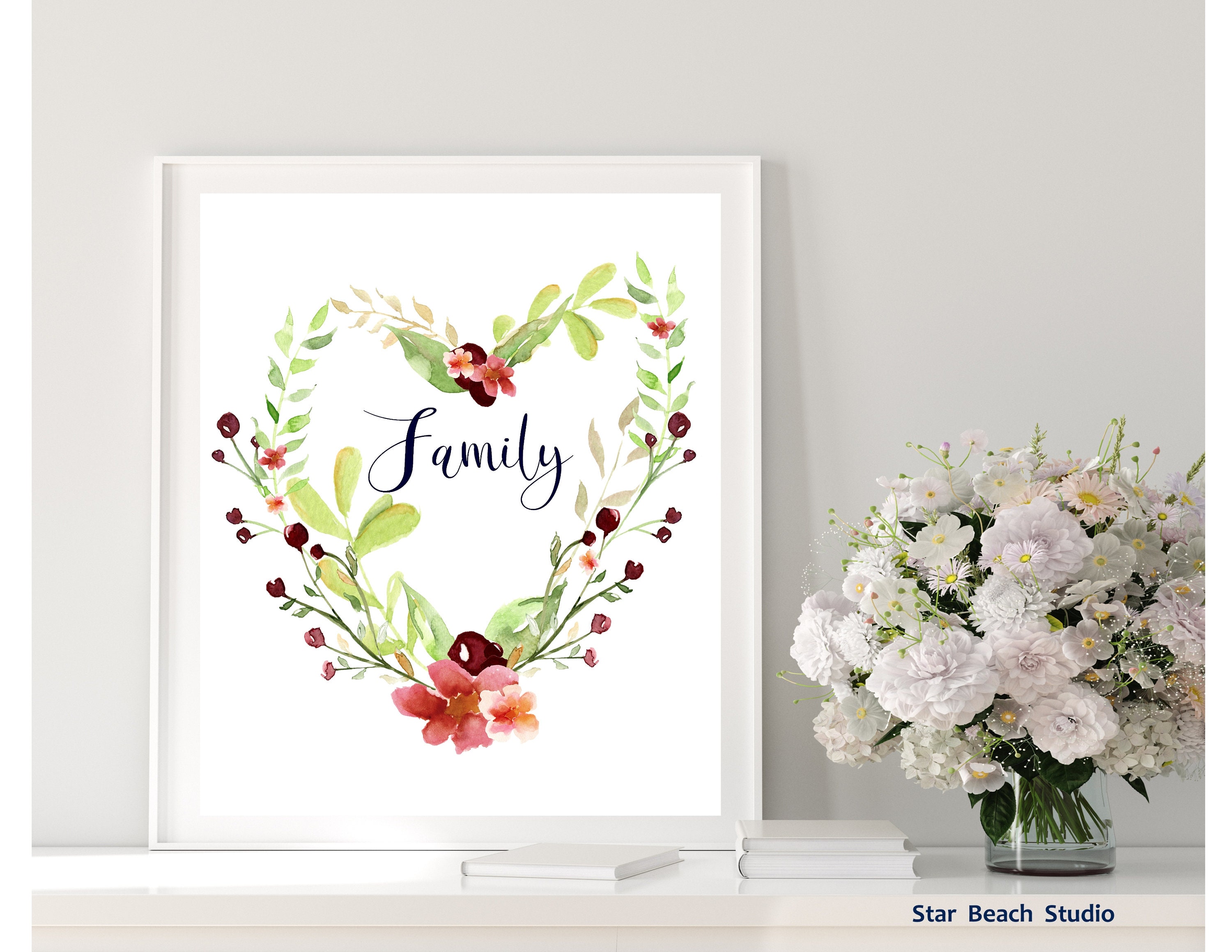 Family Word Art in a Floral Watercolor Heart Wreath Print - Etsy