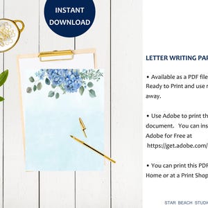 Blue Hydrangeas With Eucalyptus Leaves Stationery Printable Paper ...