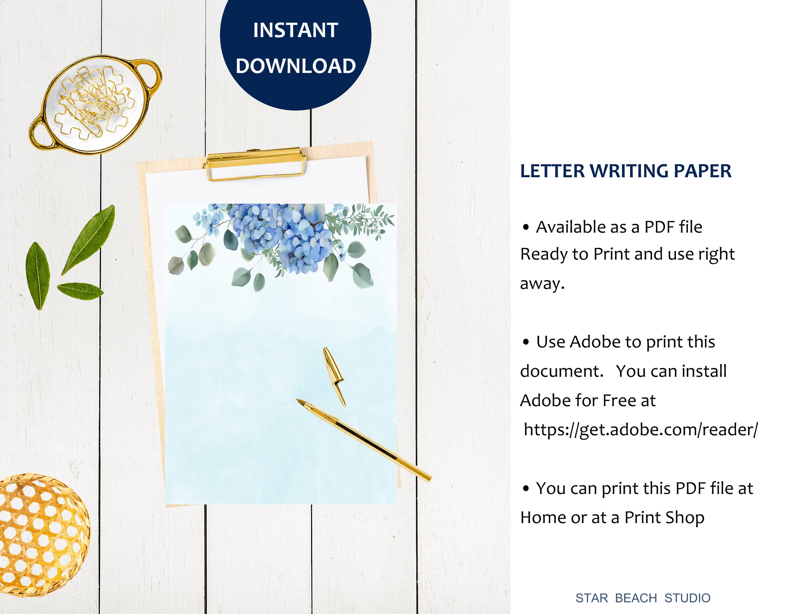 Blue Hydrangeas With Eucalyptus Leaves Stationery Printable Paper ...