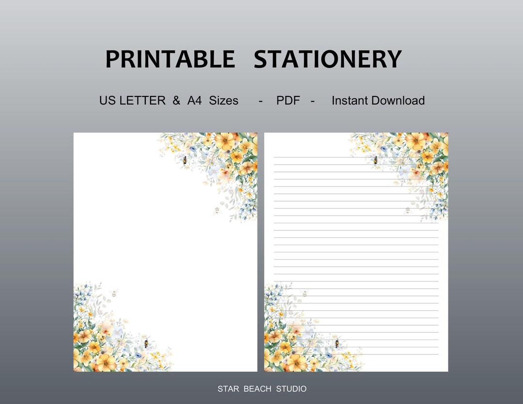 Yellow Flowers and Bees Stationery Printable Paper, Lined & Unlined ...