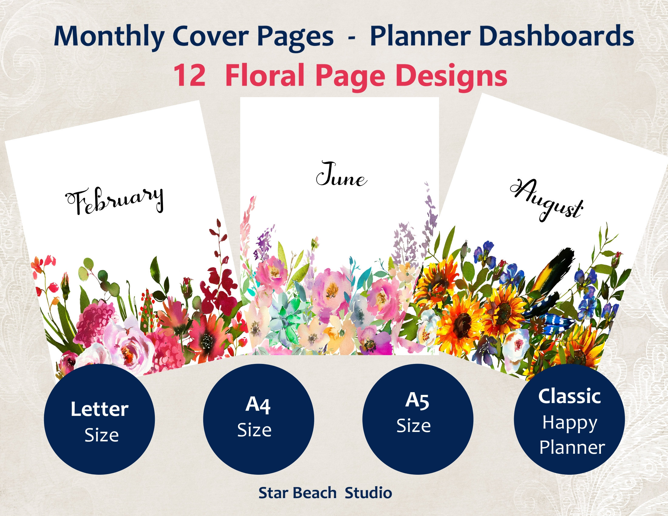 Monthly Cover Pages Printable Floral Planner Inserts Monthly | Etsy