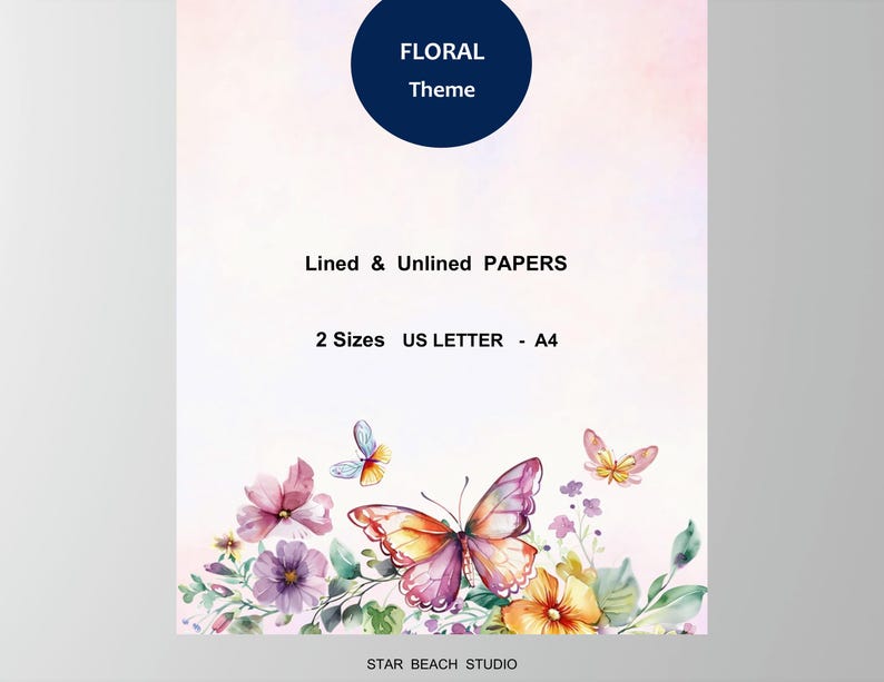 Butterflies & Flowers Border Stationery Printable Paper, Lined -unlined ...