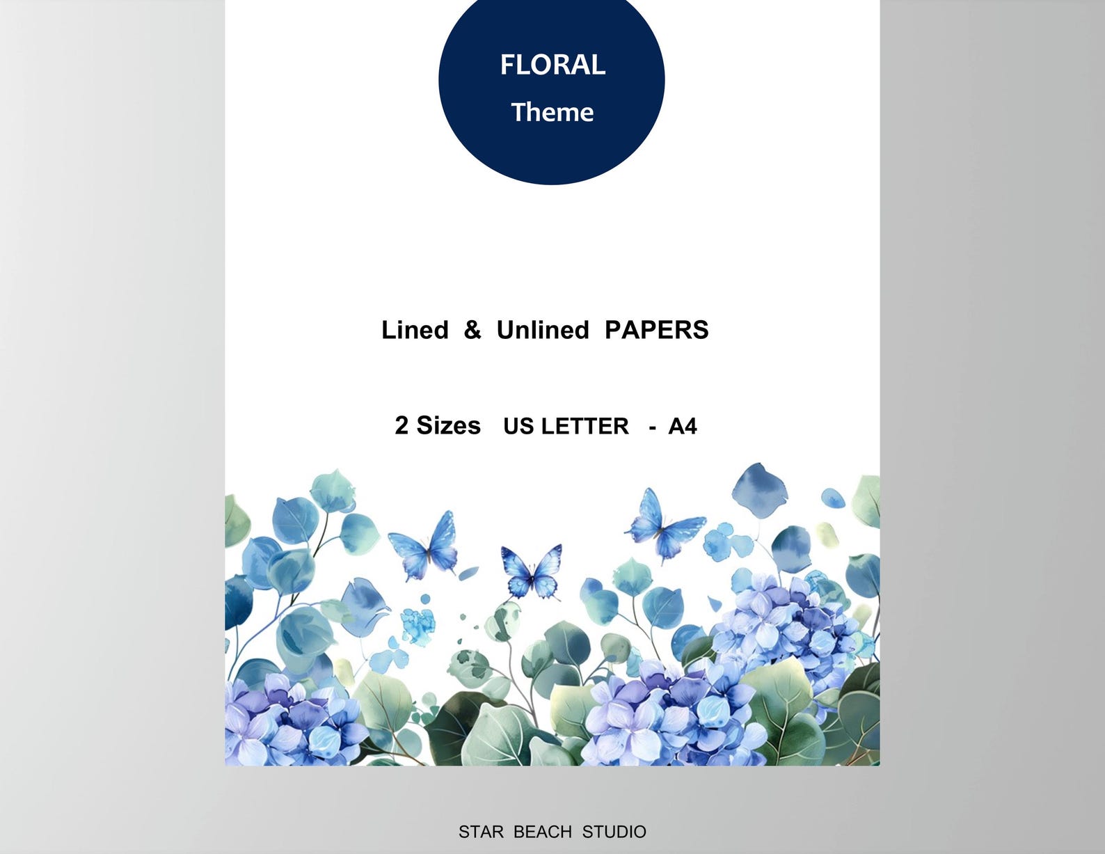Blue Hydrangeas With Blue Butterflies Stationery Printable Paper, Lined ...