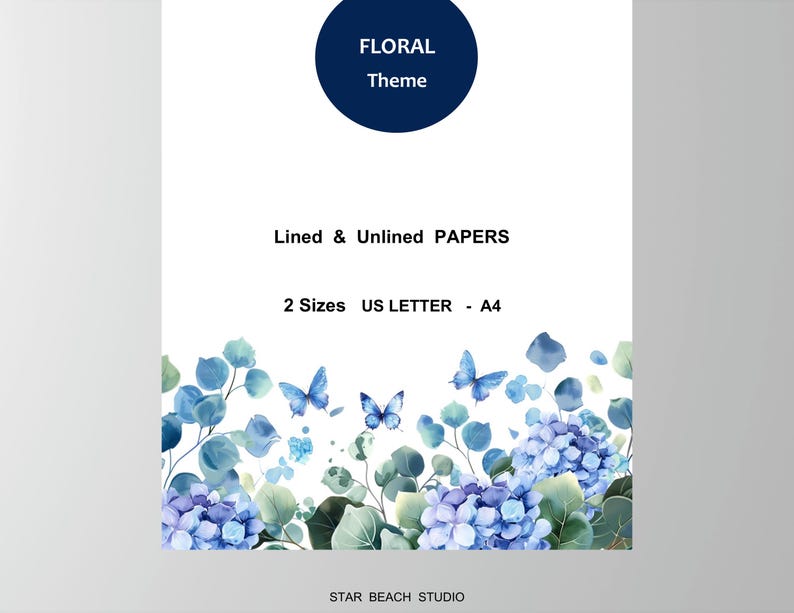 Blue Hydrangeas With Blue Butterflies Stationery Printable Paper, Lined ...
