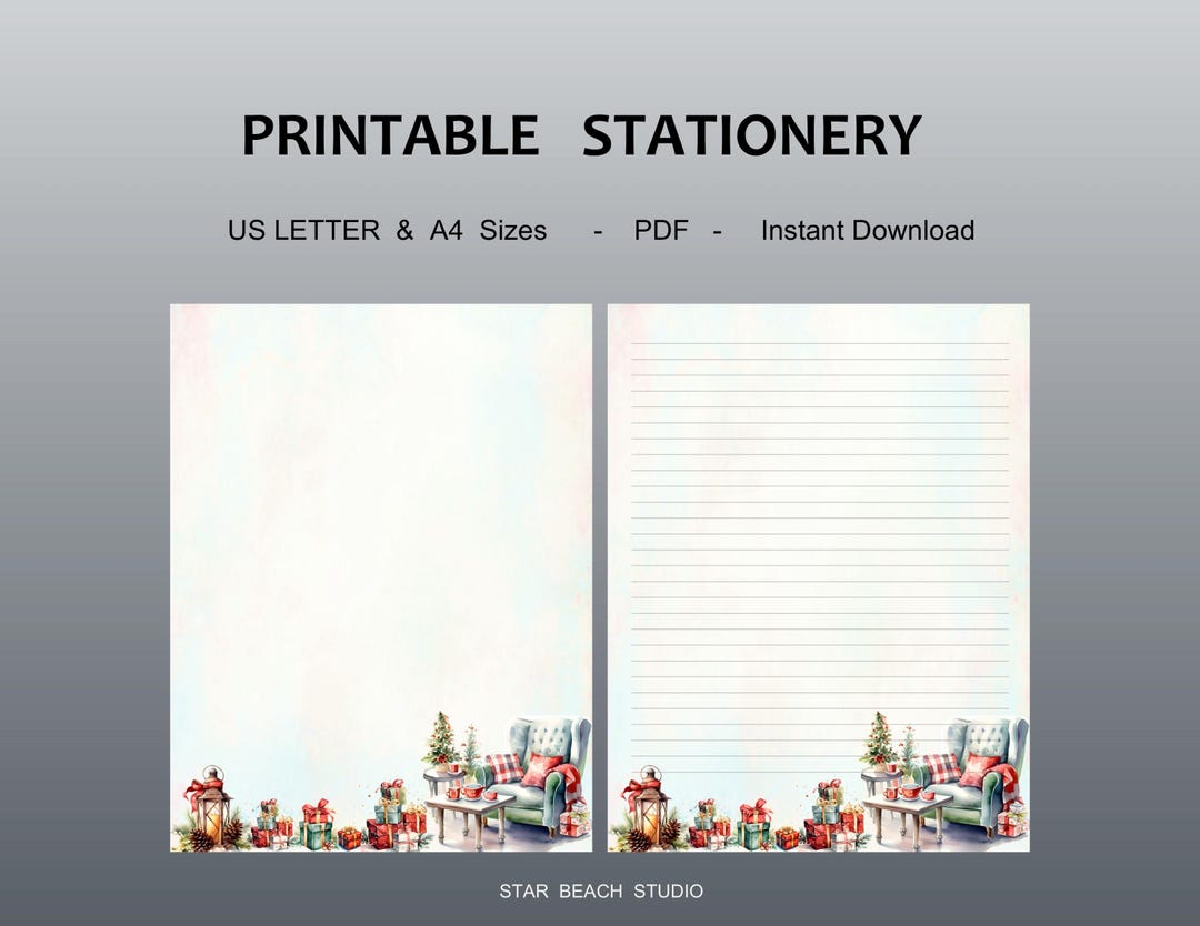 Christmas Stationery Printable Paper Winter Holiday Festive Lined ...