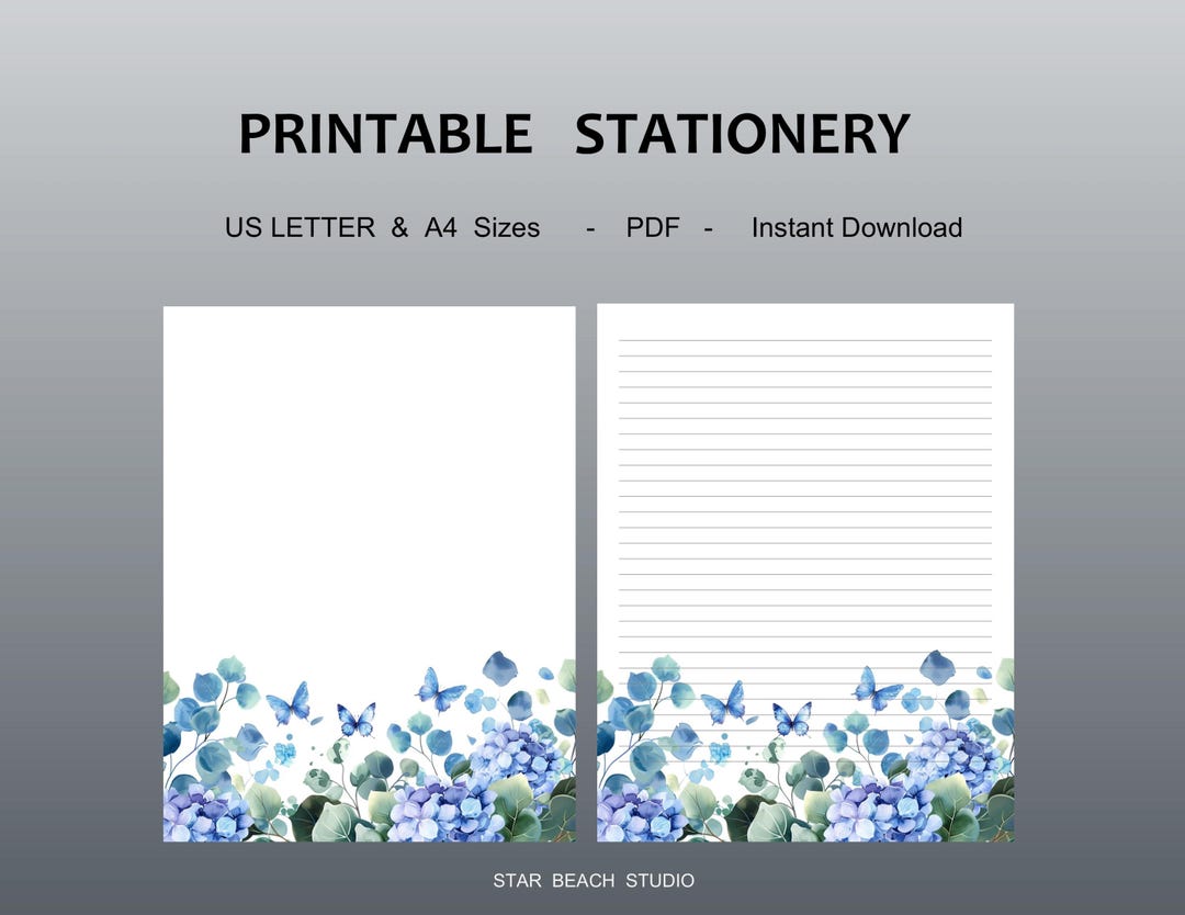 Blue Hydrangeas With Blue Butterflies Stationery Printable Paper, Lined ...
