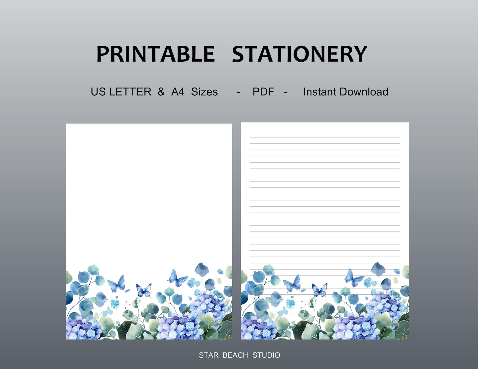 Blue Hydrangeas With Blue Butterflies Stationery Printable Paper, Lined ...