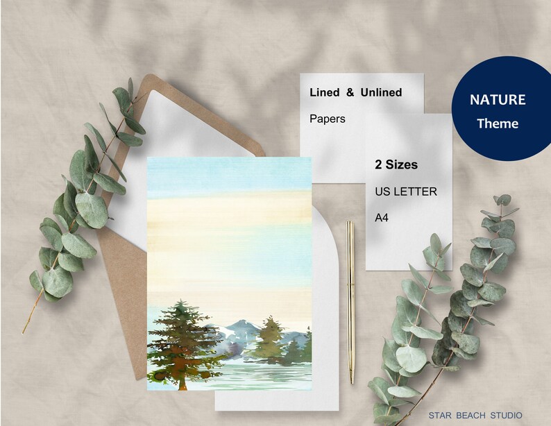 Mountain Landscape Printable Stationery, Digital Note Paper, Nature ...
