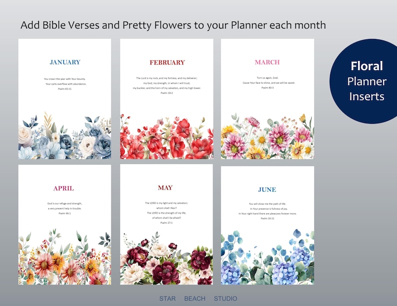 12 Months Psalms Bible Verse Floral Planner Dashboards Printable, US ...